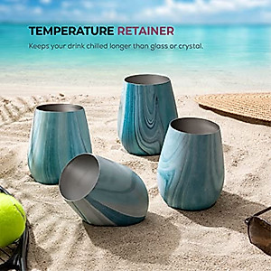Stainless Steel Unbreakable Wine Glasses - 18 Ounce Set of 4 Wine glasses. Premium Grade 18/8 Stainless Steel Red & White Stemless Wine Glasses set, (Exquisite Blue Marble)