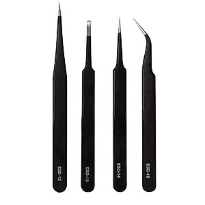 Tovip 4 Pcs ESD Tweezers Set Anti-Static Tweezers Stainless Steel Tweezers for Eyelash Extension,Electronics, Jewelry-making - Straight and Curved Tip Tweezers - Black