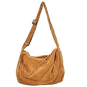Corduroy Tote Bag for School, Large Crossbody Bags for Women, Casual Shoulder Bag with Adjustable Strap, College Everyday Bag with Zipper Pockets(Brown)