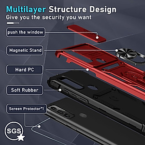 Janmitta Compatible with Moto G Play 2023,G Power 2022/G Pure Case Built in Slide Camera Lens Cover+Screen Protector+Ring Holder,Heavy Duty Shockproof Full Body Phone Cover,Red