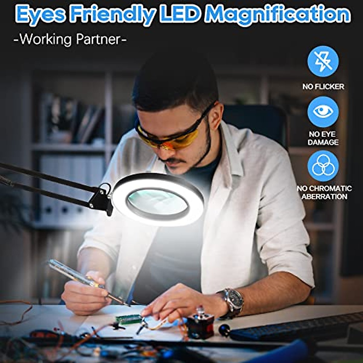 10X Magnifying Glass Lamp, Adjustable Swing Arm 72 LEDs Real Glass Lens Magnifier Light,3 Color Modes 10 Stepless Dimmable,Perfect for Daily Reading,Hobbies, Crafts, Workbench (Black)