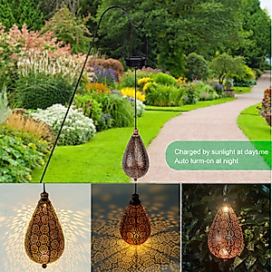 MAGGIFT 2 Pack Solar Hanging Lights, Solar Powered Decorative Retro Lantern with Handle, Warm White LED Christmas Garden Boho Flower Lights, Metal Drop Shape Waterproof Outdoor Yard Tree Fence Patio