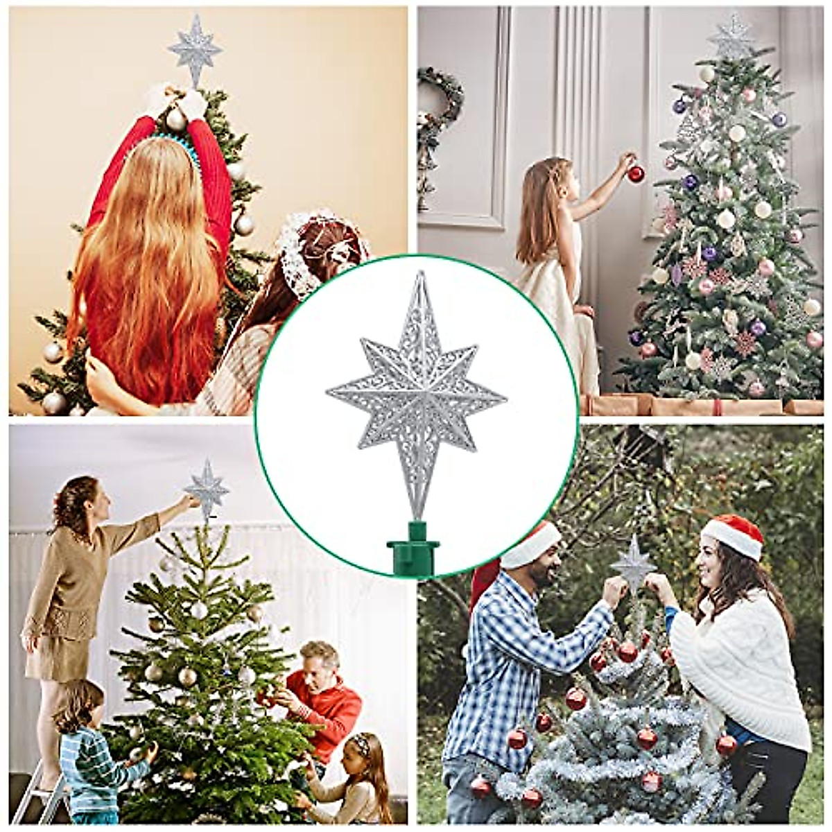 Christmas Tree Topper, Yocuby Hollow Silver Star Christmas Tree Topper Lighted with LED Rotating Magic Ripple Light for Crown Xmas Tree Topper Decoration, Wall Party Holiday Déco