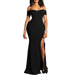 YMDUCH Women's Off Shoulder High Split Long Formal Party Dress Evening Gown Black