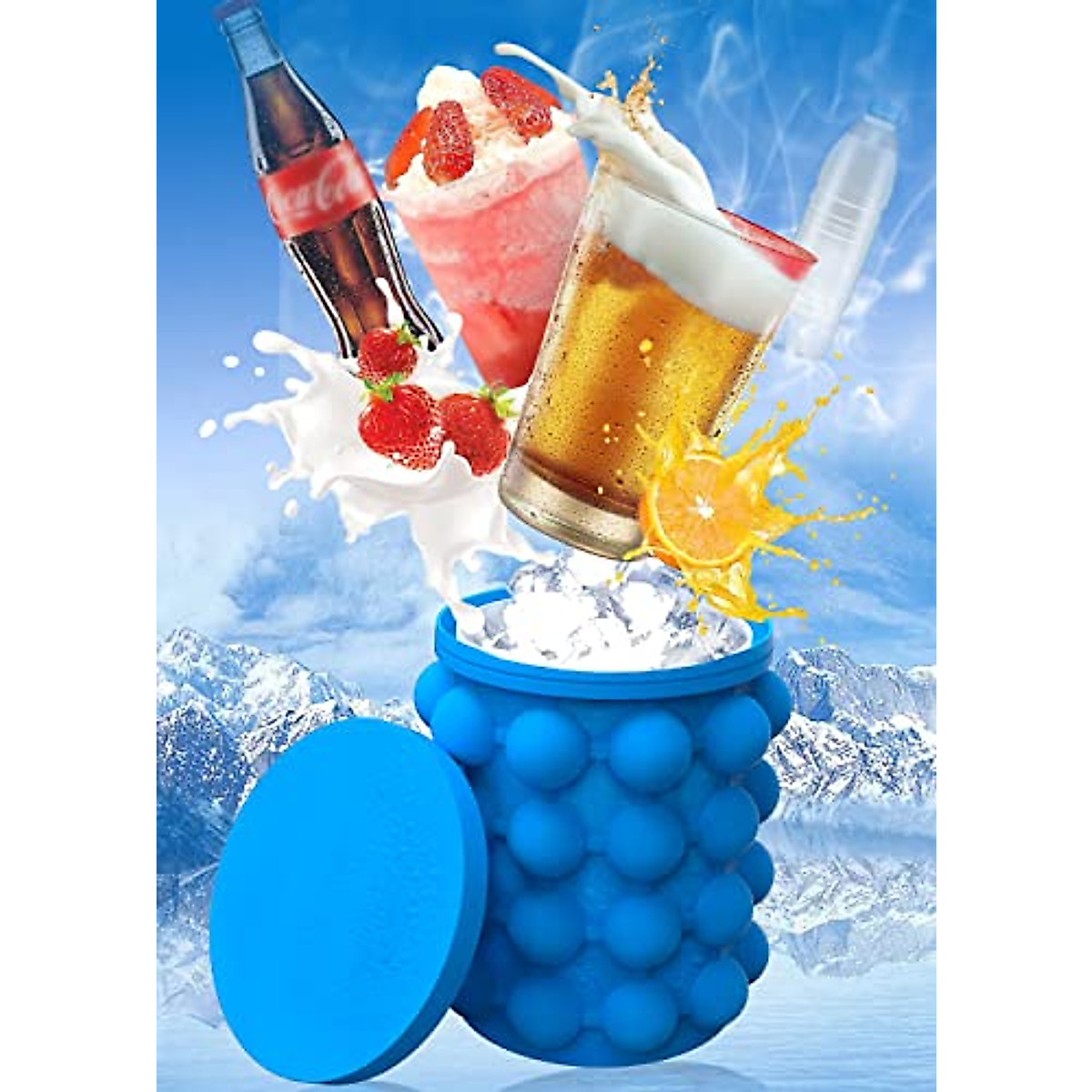 Ice Cube Mold Ice Cube Trays, New 3D Ice Cubes Maker(2 in 1), Large Cylindrical Silicone Ice Bucket for Frozen Cocktail, Beverages and More - Blue