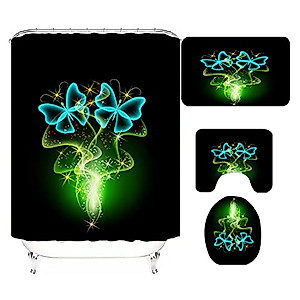 NC 4Pcs Butterfly Shower Curtain Sets with Non-Slip Rugs,Toilet Lid Cover and Bath Mats Bathroom Accessories Sets Complete Green Bathroom Sets with 12 Hooks,Waterproof Shower Curtain for Bathroom