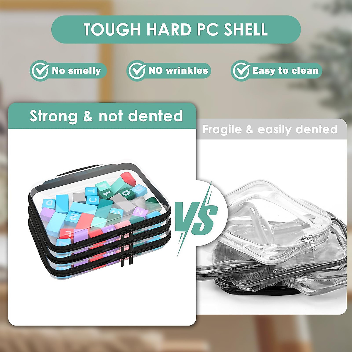 QAVABIN Clear Hard Zipper Pouch, Bliss Zippered Storage Bins, Waterproof PVC Shell Travelling Bags, Storage for Board Games, Building Blocks, Puzzles, Kids Books with Handle, Plastic Organizing, 2Pc