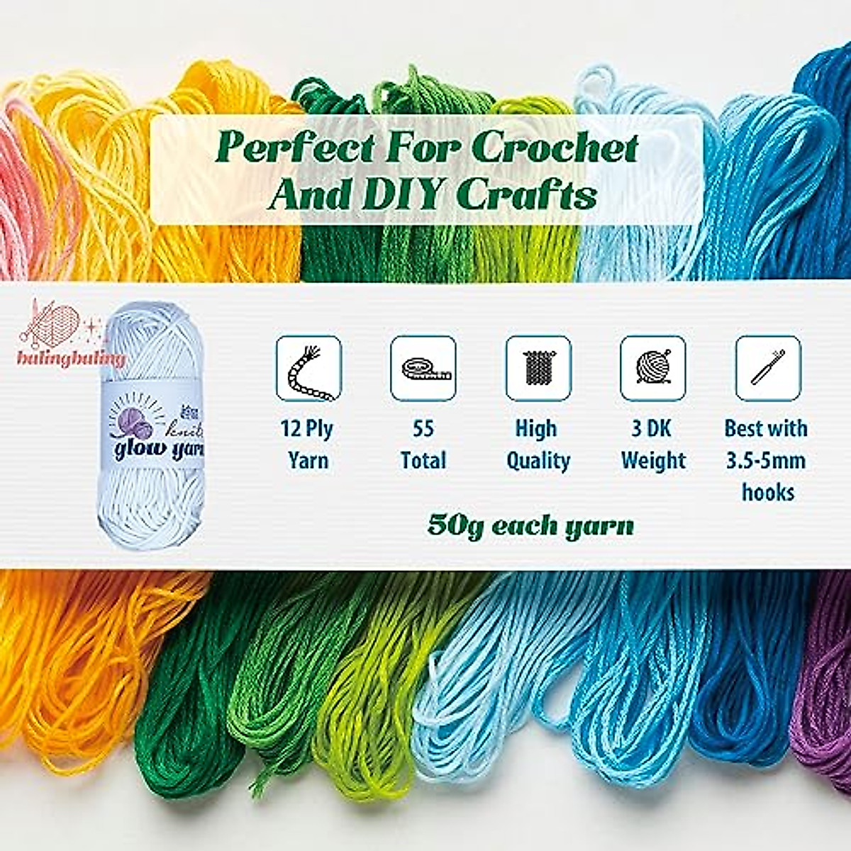 Bulingbuling Glow in The Dark Yarn, Crochet Yarn for Crocheting,Yarn for DIY Art,Knitting, Crocheting, and Crafts-5 Pack of 260g/9oz- 275 Yards White
