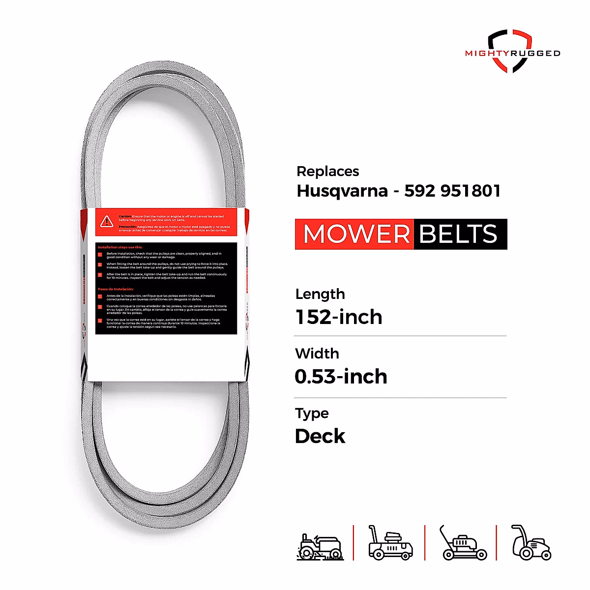 MightyRugged 592951801 Husqvarna Deck Belt Replacement - Belt Length 152" - Premium, Heavy-Duty, Aramid Cord for Husqvarna Zero-Turn 54" Deck Mowers - Husqvarna Z254F Deck Belt