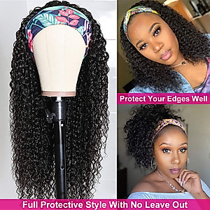 Eooma Headband Curly Human Hair Wigs for Black Women 10A 180% Density Brazilian Kinky Curly Wigs Scarf Gluelees Remy Hair