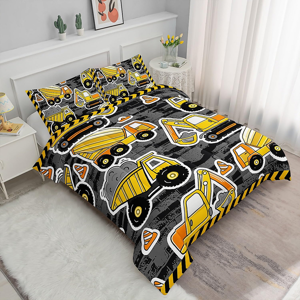 Smell Sunshine Construction Comforter Set Kids Excavator Car Printed Bedding Set with 1 Comforter and 2 Pillowcases for Boys and Girls Bedroom All Season(Car-4 Full)