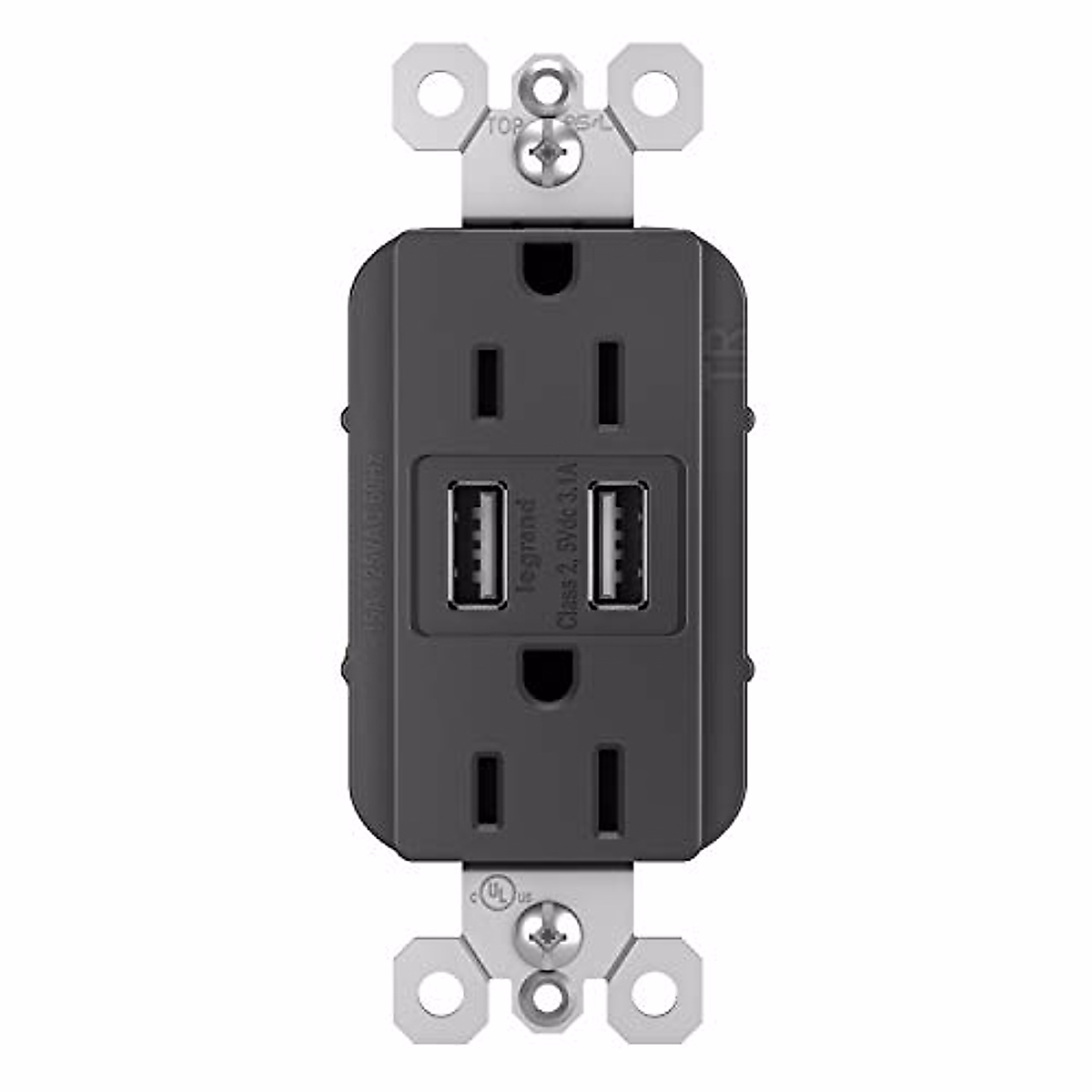 Legrand radiant 15 Amp Decorator Wall Outlet with 3.1 Amp USB Charger, BlackTM826USBBKCCV4