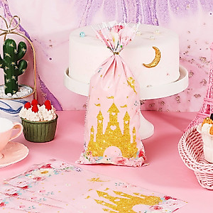 Leinuosen 100 Pcs Princess Theme Cellophane Treat Bags with Ties Castle Floral Fairy Princess Party Favor Bags Pink Plastic Candy Bags Cookie Bags Favor Gift Bag for Princess Birthday Party Supplies