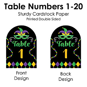 Big Dot of Happiness Colorful Mardi Gras Mask - Masquerade Party Double-Sided 5 x 7 inches Cards - Table Numbers - 1-20