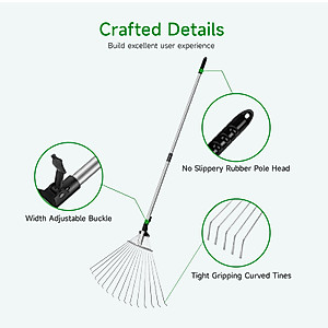 GreatBuddy Adjustable Leaf Rake, 7"-23" Expandable Width, Perfect for Shrub, Flower Bed, Lawn, Yard, Garden Cleaning, Lightweight Aluminum Retractable Handle for Easy Use