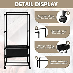 Double Rod Garment Rack, Rolling Clothes Rack, Industrial Pipe Hanging Clothes Rack with Wheels and Bottom Shelf, Freestanding Clothing Rack, Garment Rack Shoe Clothing Organizer Shelves (Black)