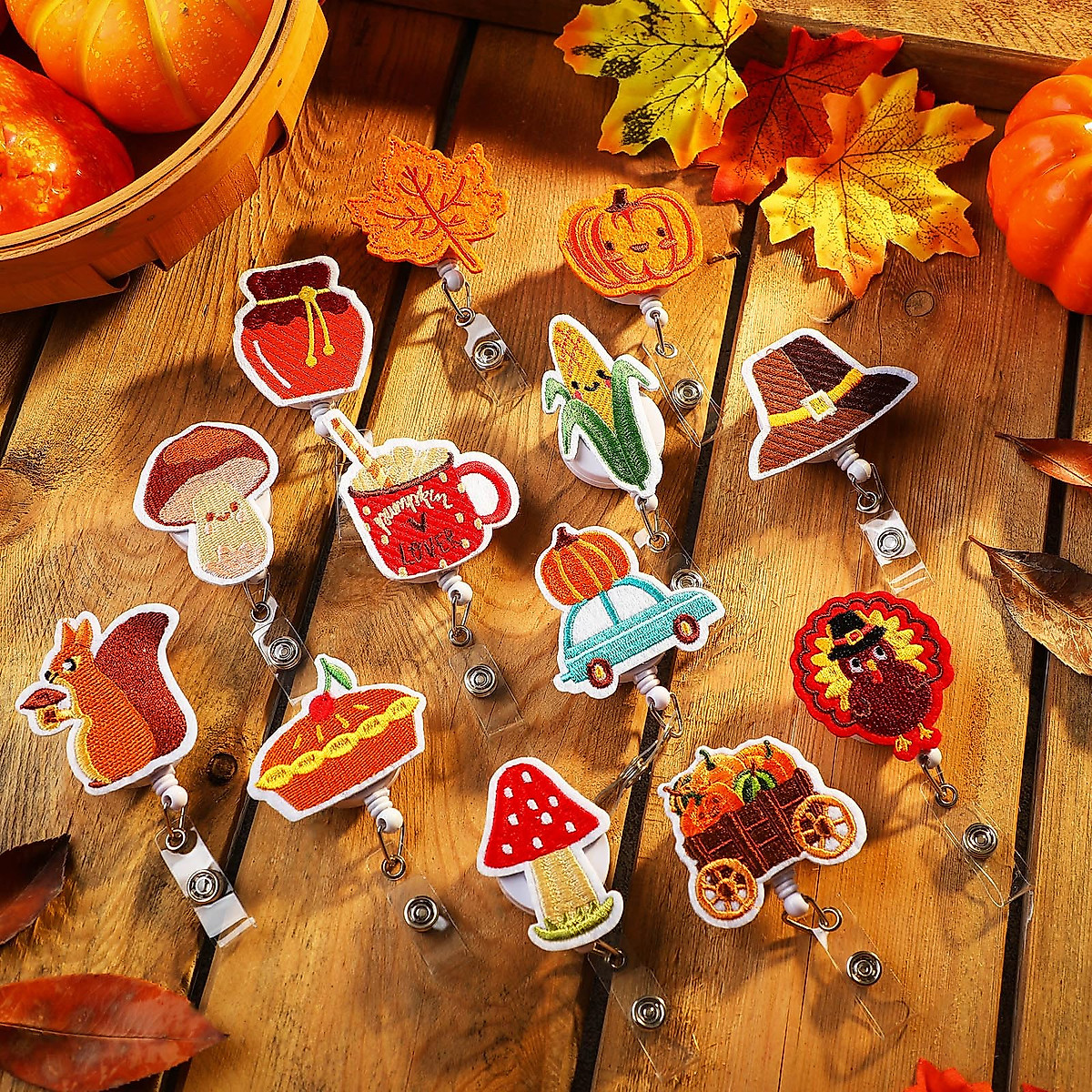 Zhanmai 48 Pcs Thanksgiving Badge Reels Felt Retractable Badge Reels with Clip Cute Squirrel Turkey Pumpkin Maple Leaves Holiday Themed Badge Holders Gift for Nurse Doctor Students School Office