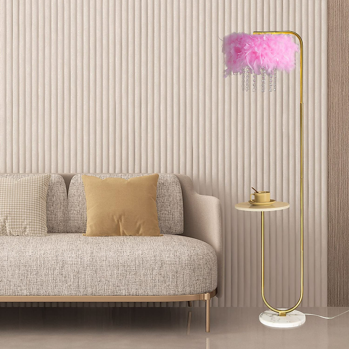 beaysyty Unique Led Pink Feather Floor Lamp with Tray,Ostrich Feather Stand Lamp,Living Room Bedroom Office Shop Window Decoration Lamp,Foot Switch and Brass/Gold Finish Arc Floor Lamp