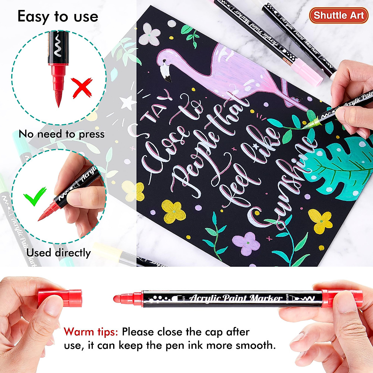 Shuttle Art 36 Colors Dual Tip Acrylic Paint Markers, Brush Tip and Dot Tip Acrylic Paint Pens for Rock Painting, Ceramic, Wood, Canvas, Plastic, Glass, Stone, Calligraphy, Card Making, DIY Crafts