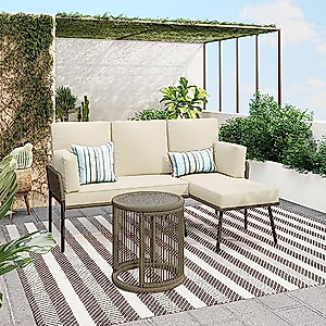 Green4ever Patio Furniture Set, Outdoor Sectional Furniture Sets with Woven Rope Accents and 4-Inch Cushions, L-Shaped Patio Conversation Sets with Detachable Lounger and Side Table