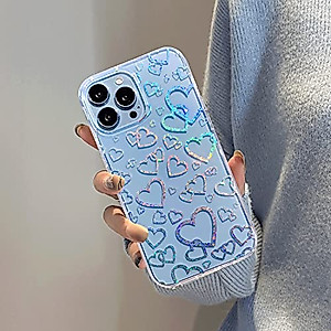LSEEKA Compatible with iPhone 13 Pro Max Clear Case with Love Heart Laser Glitter Holographic Design,Sparkly Bling Cute Hard PC & Soft TPU Bumper Shockproof Protective Phone Cover for Women Girls