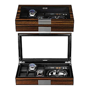 Lifomenz Co Watch Jewelry Box for Men 6 Slot Watch Box,6 Watch Case 8 Pair Cufflinks and Sunglasses Display Box,Wood Large Watch Display Case Organizer with Real Glass Window Top