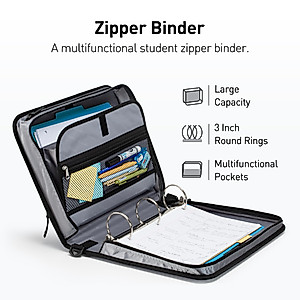 Kinbashi 3 Ring Binder, 3 Inch O-Ring Zipper Binder with Shoulder Strap, Expanding Files and Multiple Pockets, Jet Black