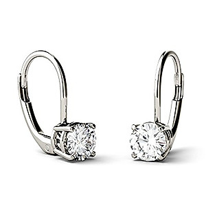 Charles & Colvard Created Moissanite 5mm Round Cut Leverback Drop Earrings for Women | 1 cttw DEW | Lab Grown | Solid 14K White Gold with Rhodium