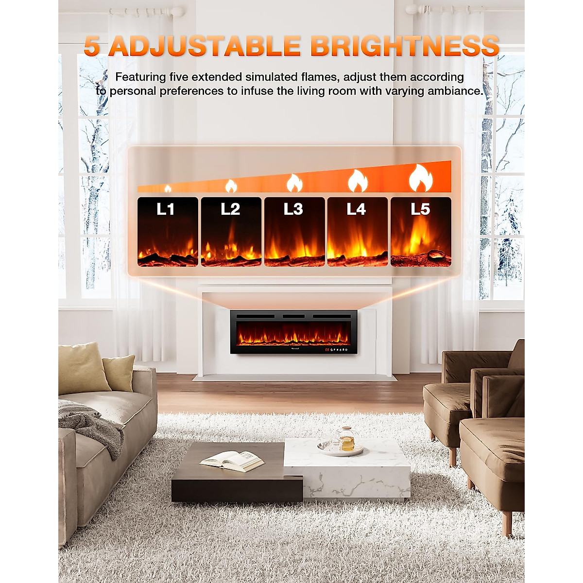 VISVEIL Electric Fireplace 50Inch,Realistic Flame Electric Fireplace Heater,Log Set/Crystal Flames 750-1500W with Timer Inserts/Wall Mounted/TV Stand Touch Screen & Remote