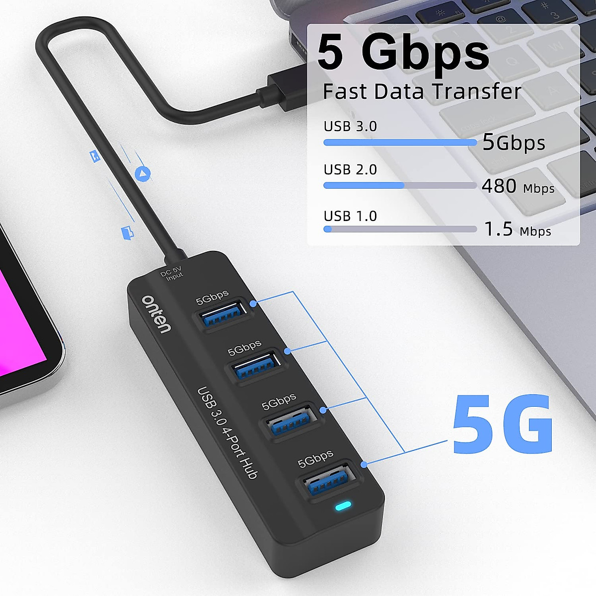 4 port USB HUB, Onten USB 3.0 HUB, USB Splitter with 1.6 ft cable 4*USB3.0 port for laptop MacBook Surface Pro and more USB Devices