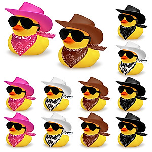 12 PCS Cowboy Duck with Hat and Sunglasses Mini Duckies Toys for Birthday Swimming Party Gift Favor