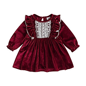 Infant Toddler Girl Christmas Outfits Long Sleeve Dress Lace Vintage One Piece Skirt Red Velvet Party Banquet Sundress (Dark Red, 3-6 Months)
