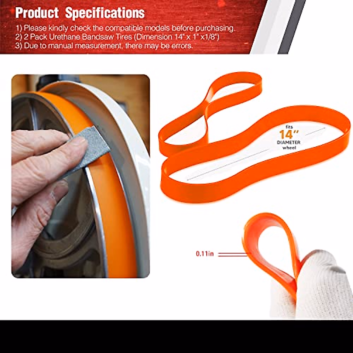 2 Pack Urethane Band Saw Tires for 14" Delta 905145 Craftsman 3AD92501 Band Saw Tires (14 inch x 1 inch x 1/8 inch), Also for Jet, Grizzly, Powermatic, etc - No Adhesive Needed