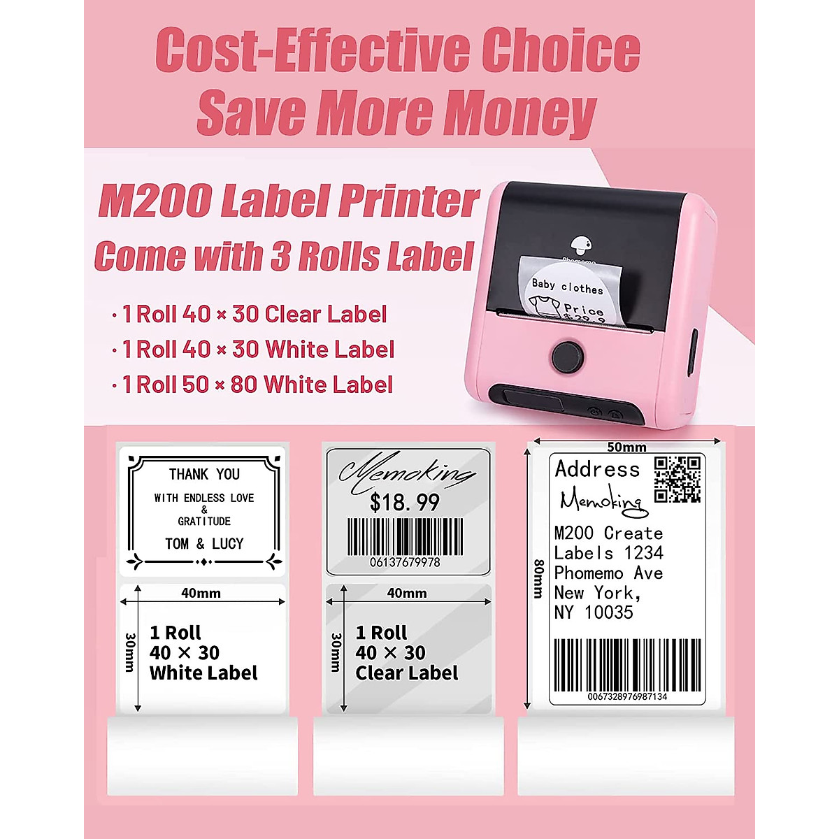 Memoking M200 Label Maker Set with 3 Rolls 1" x 2-5/8" Thermal Label, 3 Inch Barcode Label Printer, Sticker Maker Machine for Labeling, Mailing, Home, Office & Small Business, for Phones&PC-Pink