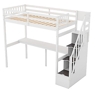 CITYLIGHT Twin Size Loft Bed with Stairs and Desk, Wood Twin Loft Bed with Storage Staircase, Kids High Loft Bed Twin for Girls, Boys, Bedroom, Dorm, No Box Spring Needed (Loft Bed Twin Size, White)
