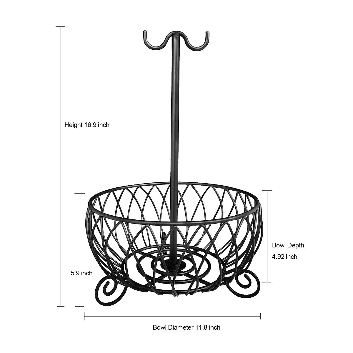 TREEZITEK Large Wire Fruit Basket Bowl Stand with Banana Hanger,Fruit Bowl with Banana holder Black