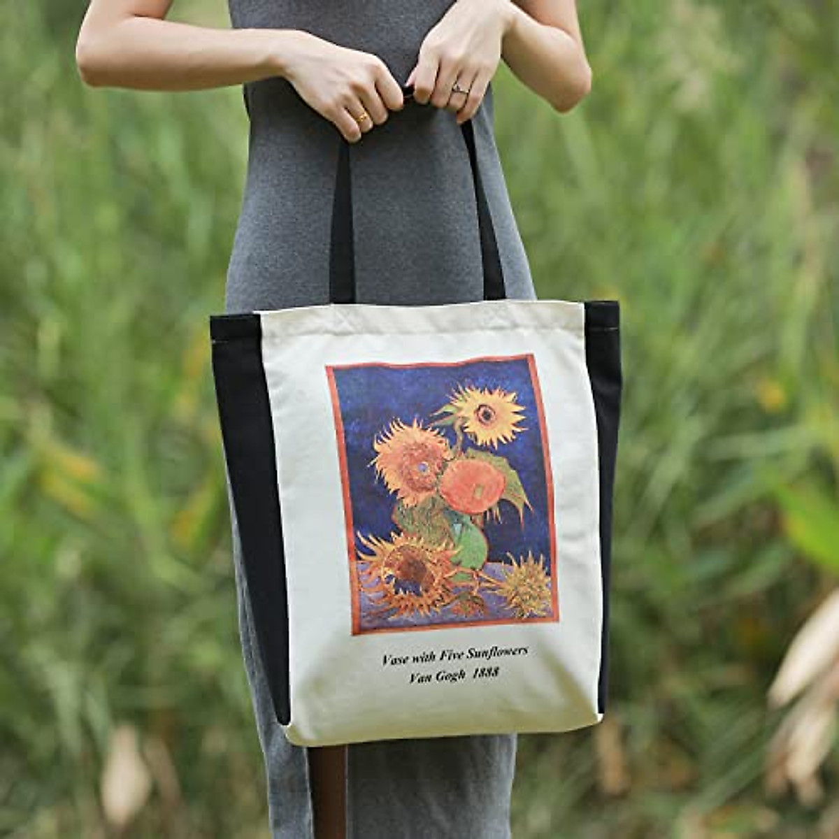Sanmuci Canvas Tote Bag, Aesthetic Pattern Zipper Tote Bag, Reusable Oversized Plus Inside Pocket Grocery Bag, Supermarket, Beach, Van Gogh - Vase with Five Sunflowers