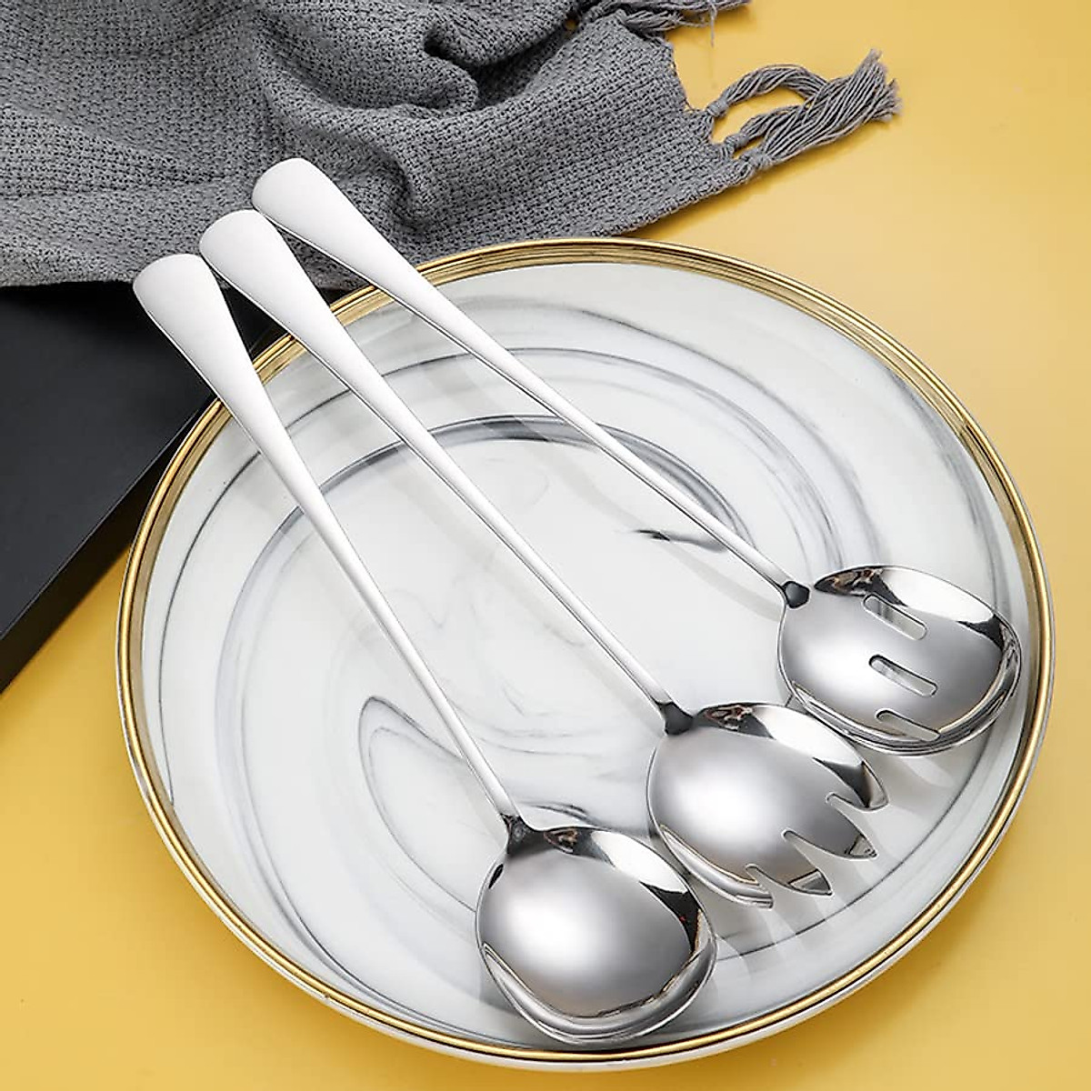 ARFUKA Salad Servers Salad Serving Sets Stainless Steel 11" Buffet Salad Spoon and Salad Fork Dishwasher Safe Large Metal Serving Utensils Silver, Set of 3