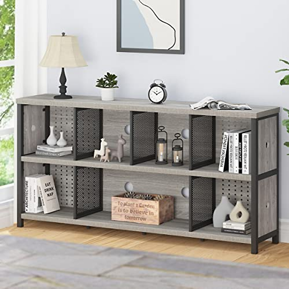 LVB Industrial 4 5 6 7 8 Cube Bookcase, Rustic Wood Metal Horizontal Bookshelf, Modern Wide Cube Organizer Storage Shelf, Large Long Low Book Shelf for Office Bedroom Living Room, Light Grey Oak 63 In