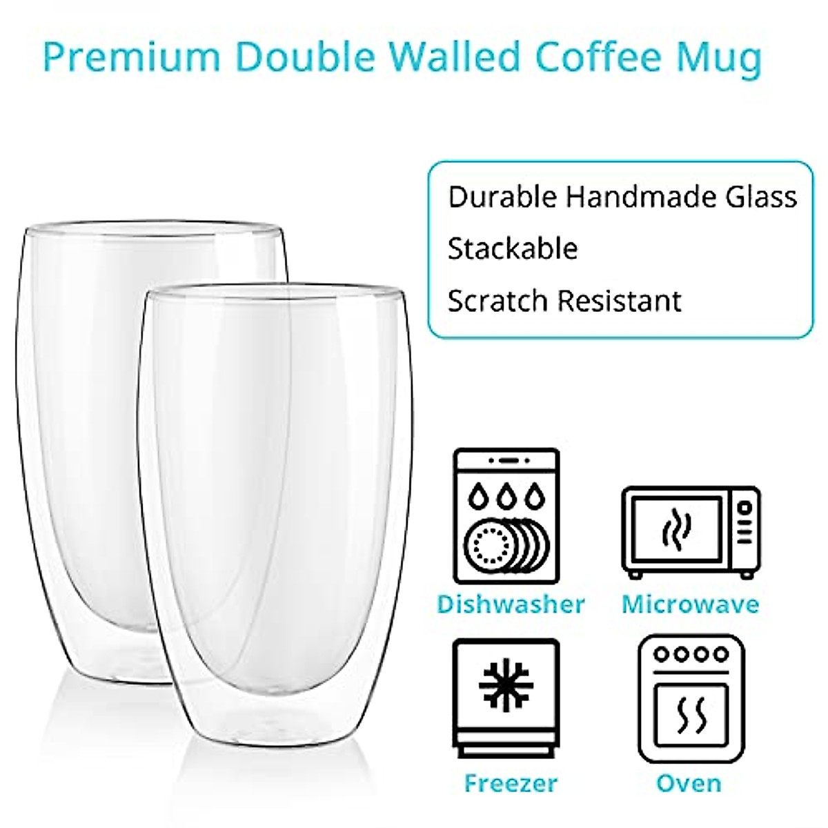 Bivvclaz Double Walled Glass Coffee Mugs, 2-Pack 15 Oz Borosilicate Glass Coffee Cups, Thermo Insulated Glass for Latte Cappuccino Americano Tea milk Beverage, Clear