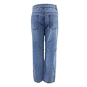Fujiuia Pocket Jeans Waist Denim Elastic Hole Women Loose Trousers Button High Pants Pants Cute Jean Dress for Women