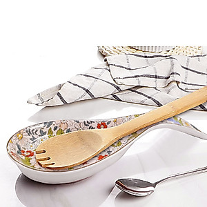 LEAZUL Ceramic Spoon Rest for Stove Top Large Spoon Holder Farmhouse Spoon Rest for Kitchen Counter Floral Coffee Spoon Rest Flowers Print Cooking Utensil Tools Rest Modern Farmhouse Kitchen Decor