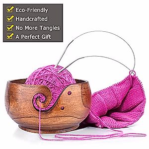 Freyamall Wooden Yarn Bowl with Holes Holder Handcrafted Knitting Yarn Needlework Crochet Storage Organizer, Perfect for Mother's Day!
