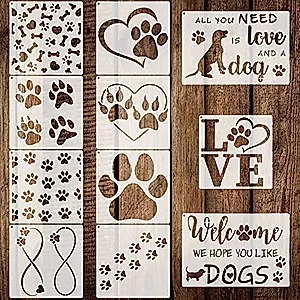 11 Pieces Dog Paw Print Stencils Trail of Paw Prints Stencil Love Dog Stencils Reusable Painting Templates with Metal Open Ring for DIY Scrapbooks Painting on Wood Wall Home Supplies