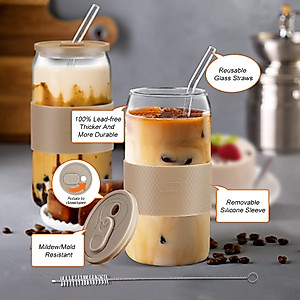 Vozoka Drinking Glasses with Silicone Lid and Glass Straws, 4 Set - 16oz Can Shaped Glass Cups, Beer Glasses, Iced Coffee Cups, Cute Tumbler Glass Cup for Whiskey Cocktail Coffee Gift