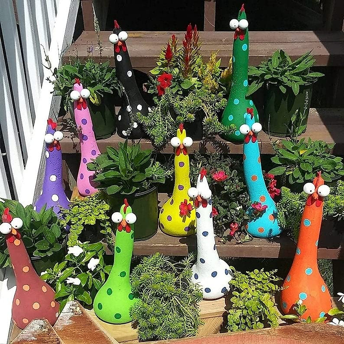 AIIONP Silly Chicken Decor, 2023 New Resin Rooster Statues Ornaments Decorative, Funny Chicken Sculptures Statues with Long Neck for Farm Backyard Garden Lawn Yard Art Decoration (9 PCS)