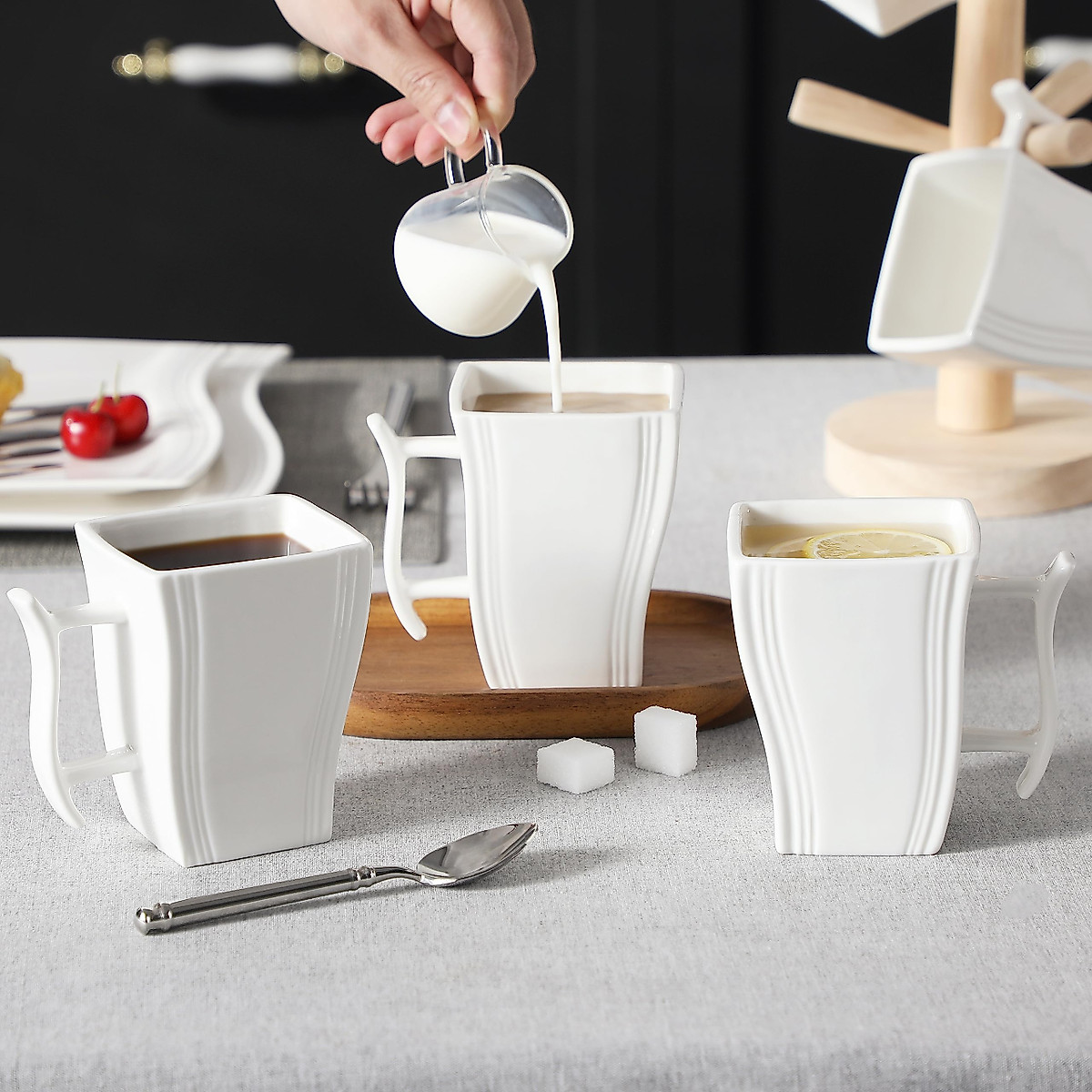 MALACASA Coffee Mugs, Porcelain Mug Set of 6, Square 11 oz White Coffee Cups with Handles for Man Woman, Modern Ceramic Mugs Set for Coffee, Latte, Cappuccino, Tea, Milk, Mocha, Cereal, Series FLORA