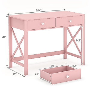 WiberWi Home Office Desk with Drawers, Modern Writing Computer Desk for Bedroom, Small Pink Makeup Vanity Table for Girls, Study Table for Home Office
