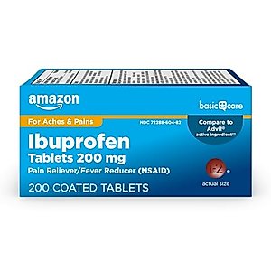 Amazon Basic Care Ibuprofen Tablets, Fever Reducer and Pain Relief from Body Aches, Headache, Arthritis and More, Brown, 200 Count
