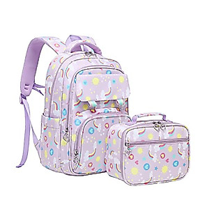 ZHIERNA School Backpack with Lunch Bag for Teen Girls,15.6’’ Laptop Backpacks, 2Pcs Set College Bookbags with Reflective Tape(Purple)